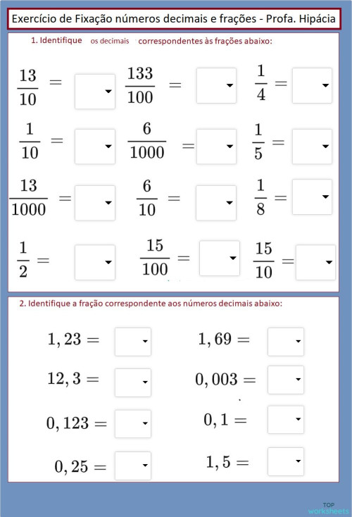 Frações e números decimais conversão. Ficha interativa | TopWorksheets