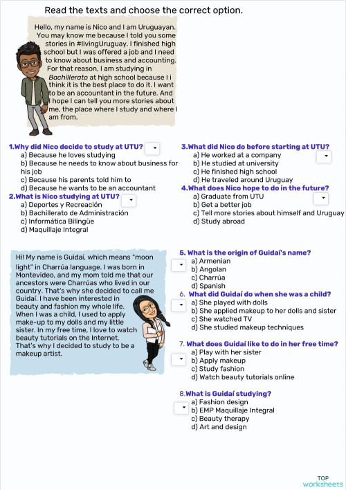 Read and choose the correct option. Interactive worksheet | TopWorksheets