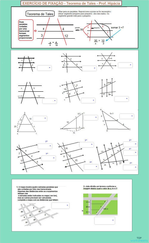 Teorema de Tales - paralelas cortadas por uma transversal. Ficha ...