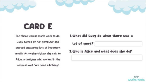 READING - CARD E. Interactive worksheet | TopWorksheets