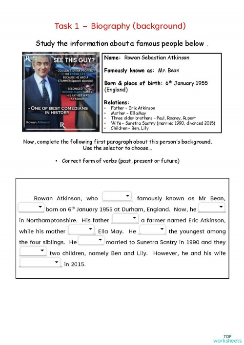 EngY6W9T1 - Biography Starter. Interactive worksheet | TopWorksheets