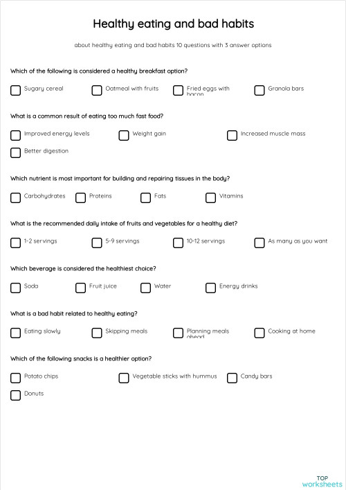 Healthy eating and bad habits. Interactive worksheet | TopWorksheets