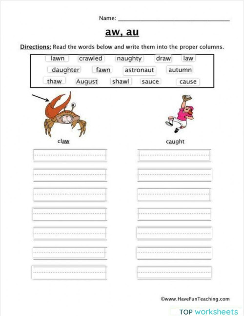 Phonics AW AU. Interactive worksheet | TopWorksheets