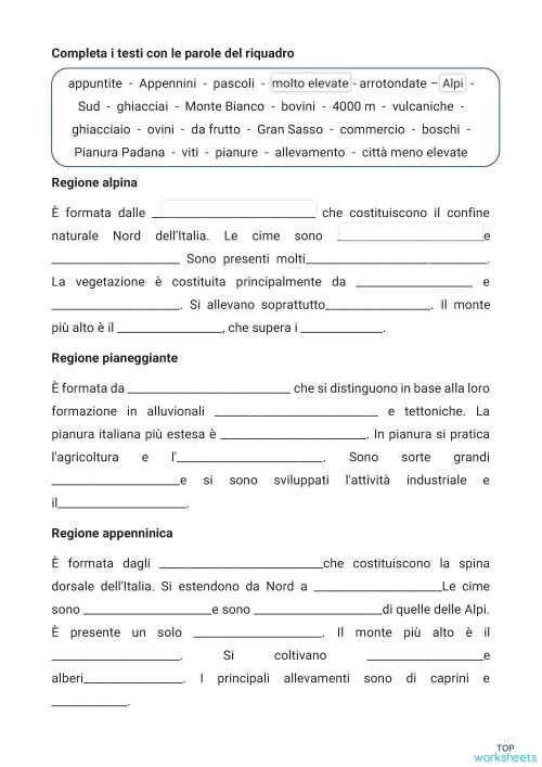 Interactive worksheets and online exercises in italian | TopWorksheets