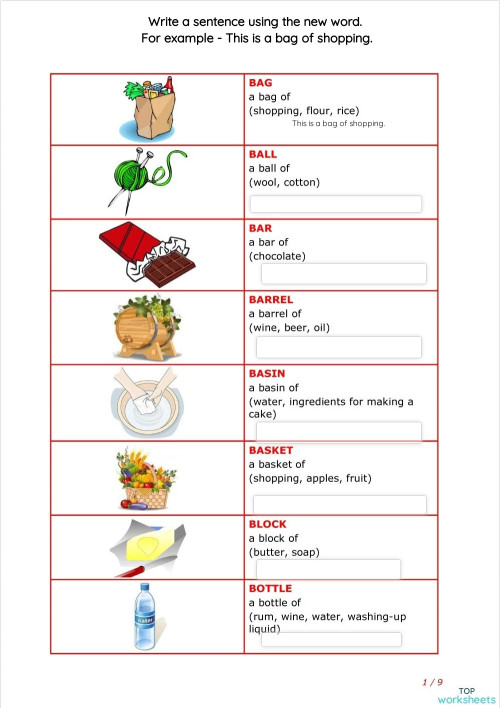 Containers for Uncountable Nouns. Interactive worksheet | TopWorksheets