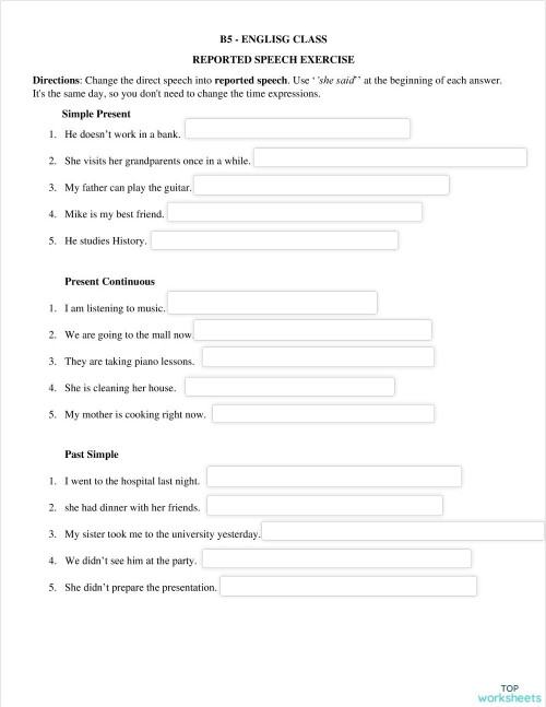 Reported Speech Exercise (Copied). Interactive worksheet | TopWorksheets