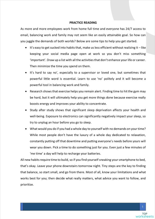 READING: WORK-LIFE BALANCE. Interactive worksheet | TopWorksheets