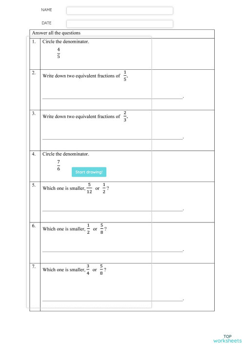 FRACTIONS POST TEST. Interactive worksheet | TopWorksheets