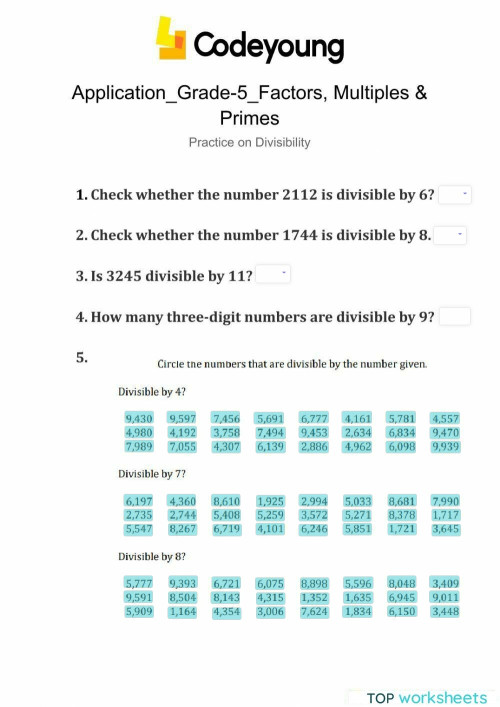 Application-practice On Divisibility. Interactive Worksheet | Topworksheets