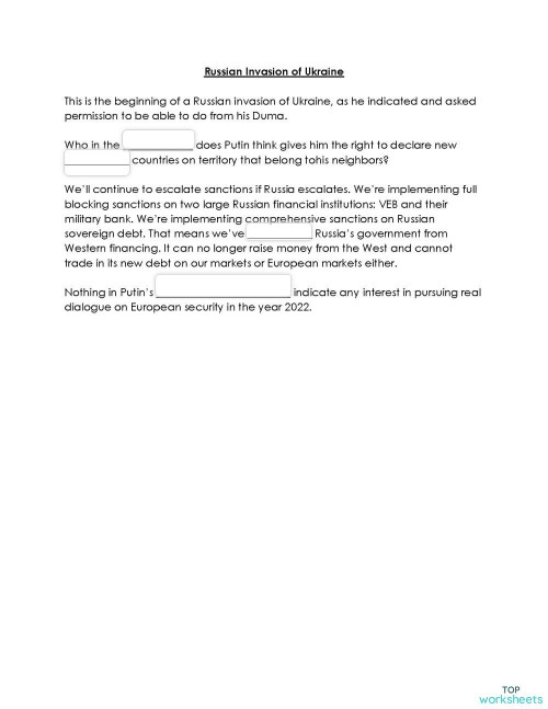 Russian Invasion of Ukraine. Interactive worksheet | TopWorksheets