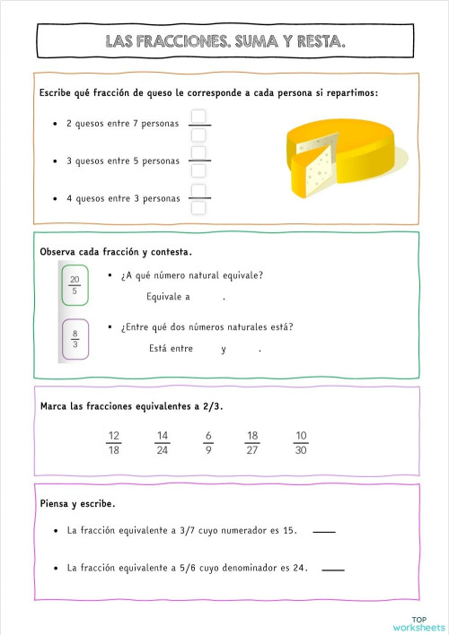 Las fracciones. Suma y resta. (5º). Ficha interactiva | TopWorksheets