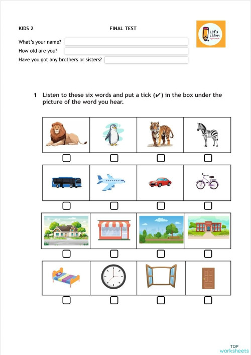 Final test Kids 2. Interactive worksheet | TopWorksheets