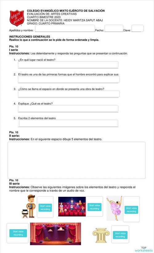Evaluación de Expresión Artística. Ficha interactiva | TopWorksheets