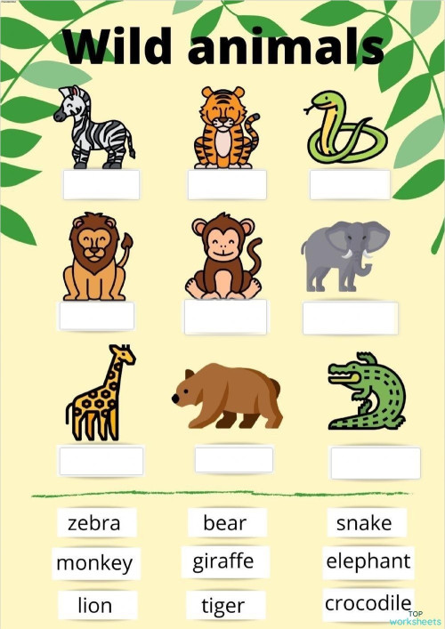wild animals ใบงานเชิงโต้ตอบ | TopWorksheets