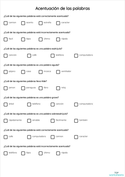 Acentuación de las palabras. Ficha interactiva | TopWorksheets