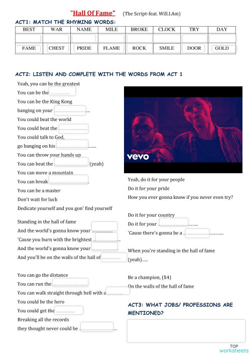 SONG- Hall of Fame. Interactive worksheet | TopWorksheets