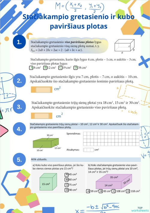 Stačiakampio grtetasienio ir kubo paviršiaus plotas. Interactive ...
