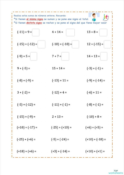SUMAS Y RESTAS NÚMEROS ENTEROS (1). Ficha interactiva | TopWorksheets
