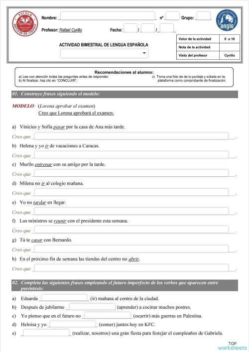 FUTURO IMPERFECTO (regulares). Ficha interactiva | TopWorksheets