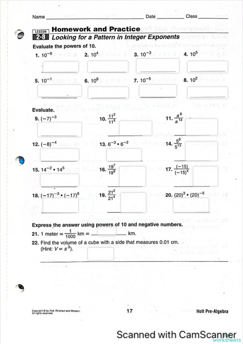 Lesson 2.8 Looking for a Pattern in Integer Exponents (8th ...