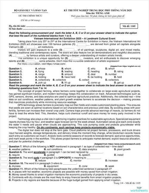 ĐỀ CHÍNH THỨC ĐẠI HỌC 2025 (2K7). Interactive worksheet | TopWorksheets