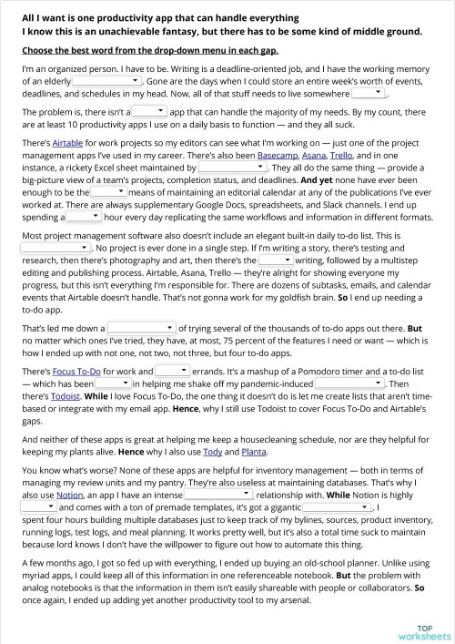 productivity apps. Interactive worksheet | TopWorksheets