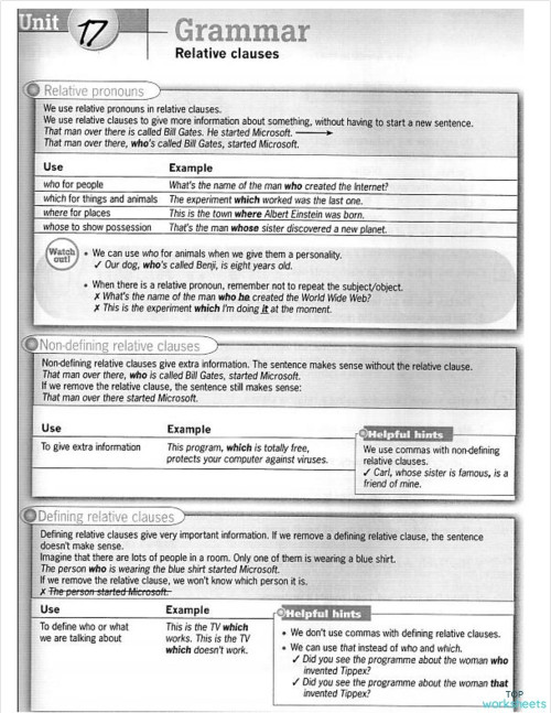 UNIT 17 RELATIVE CLAUSES. Interactive worksheet | TopWorksheets