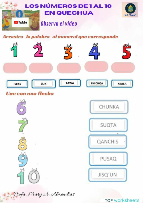 Números de 1 al 10 en Quechua. Ficha interactiva | TopWorksheets