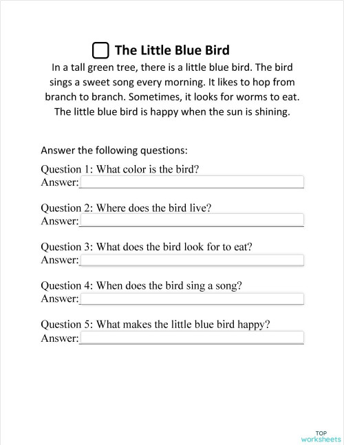 Comprehension : The Little Blue Bird. Interactive worksheet | TopWorksheets