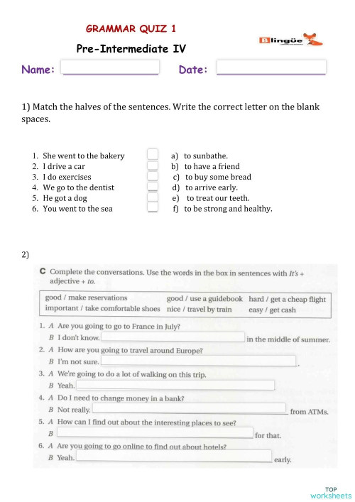 Pre-Intermediate IV (Grammar Quiz 1). Interactive worksheet | TopWorksheets