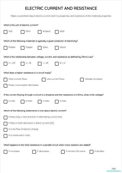 ELECTRIC CURRENT AND RESISTANCE. Interactive worksheet | TopWorksheets