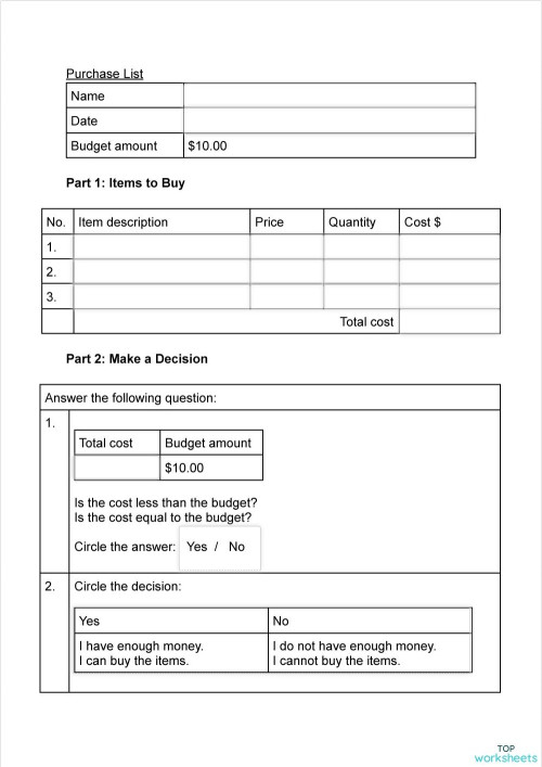 Making Shopping List - $10.00 Budget. Interactive worksheet | TopWorksheets