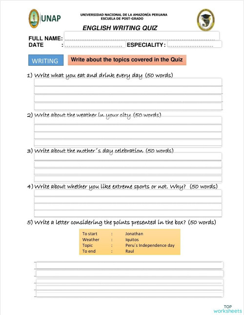 ENGLISH WRITING QUIZ. Interactive worksheet | TopWorksheets