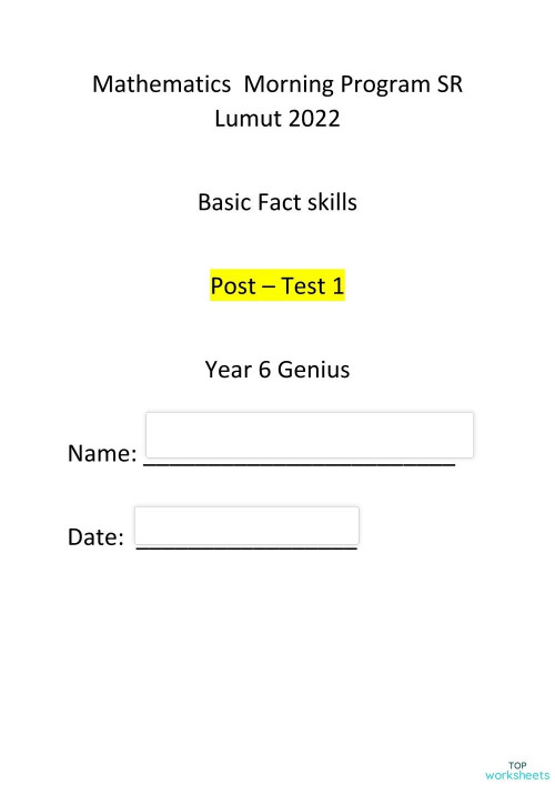 Post- Test Basic Facts Stage 5 - 8 (Year 6 Genius). Interactive ...