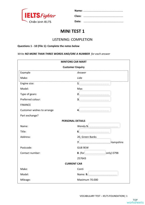Mini Test 1. Interactive worksheet | TopWorksheets