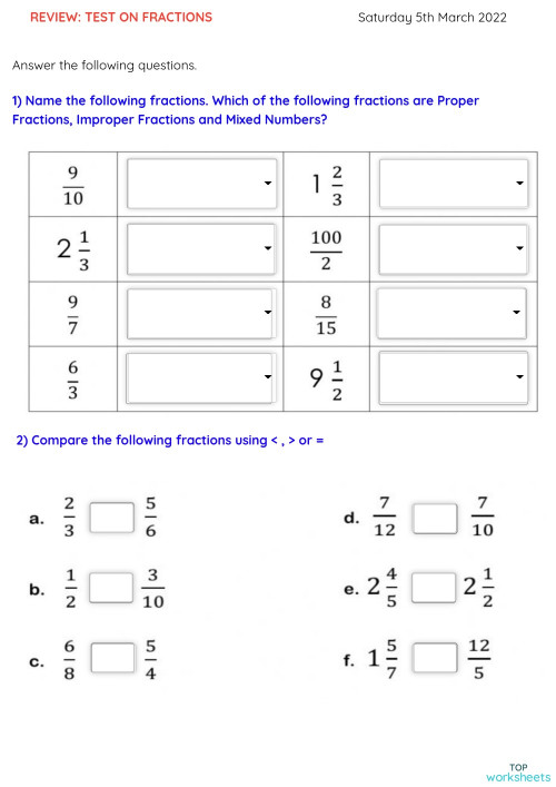 REVIEW: TEST ON FRACTIONS. Interactive worksheet | TopWorksheets