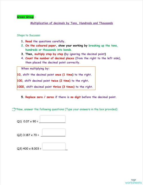 Green Group Multiplication of decimals by Tens Hundreds and Thousands ...