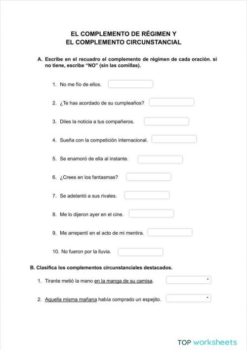 El complemento de régimen y el complemento circunstancial. Ficha interactiva | TopWorksheets