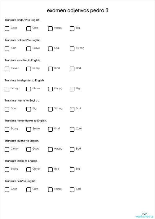 examen adjetivos pedro 3. Interactive worksheet | TopWorksheets