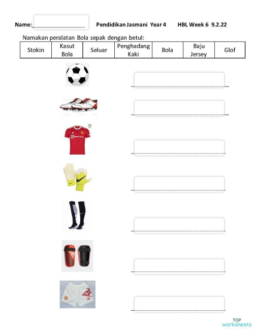 PJ Y4 W6 9.2 Perlatan Bola Sepak. Interactive worksheet | TopWorksheets