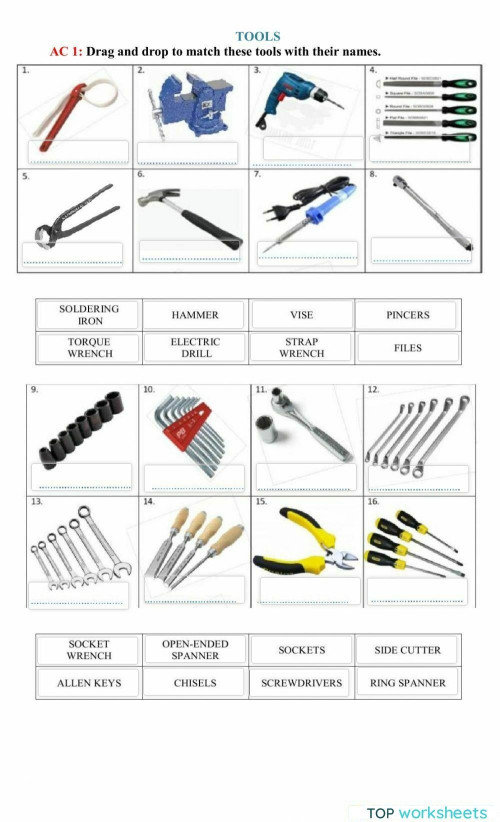 Tools. Interactive worksheet | TopWorksheets