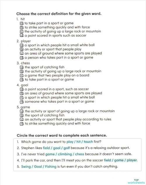 Sports and games 2. Interactive worksheet | TopWorksheets