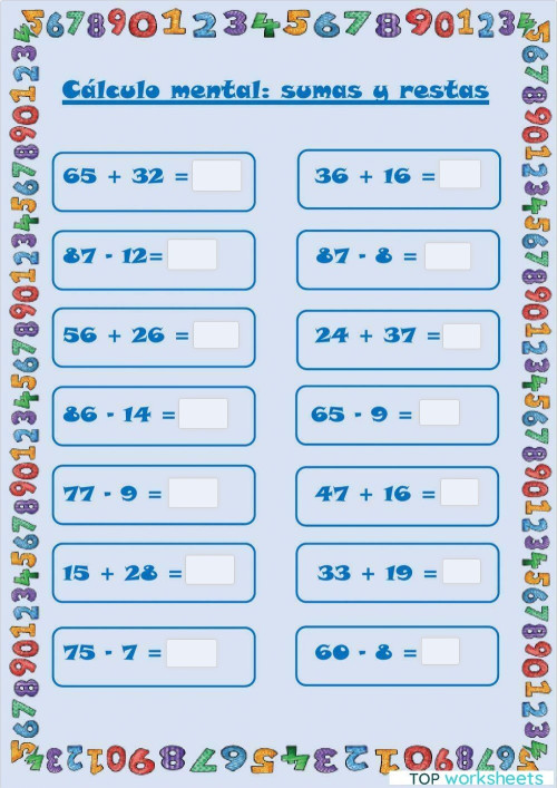Cálculo mental. Sumas y restas. Ficha interactiva | TopWorksheets