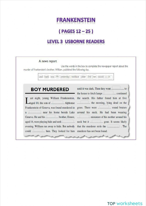 Frankenstein : A news report. Interactive worksheet | TopWorksheets