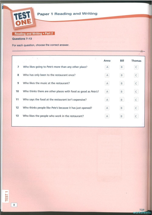 Cambridge A2 Test 1 READING Part 2. Interactive worksheet | TopWorksheets
