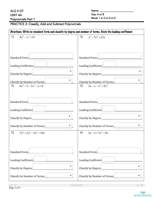 U4A Practice 2 Classify Add Subtract Polynomials. Interactive worksheet ...