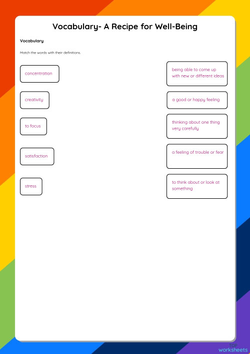 Vocabulary- A Recipe for Well-Being. Interactive worksheet | TopWorksheets