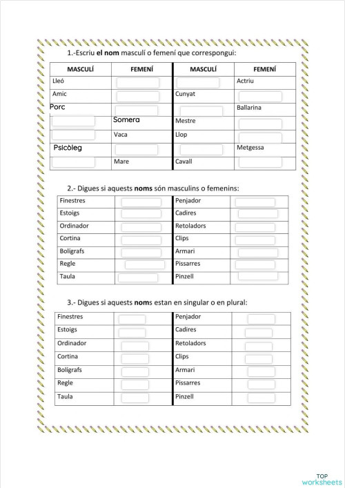 TE3.2. Exercicis de noms.. Fitxa interactiva | TopWorksheets