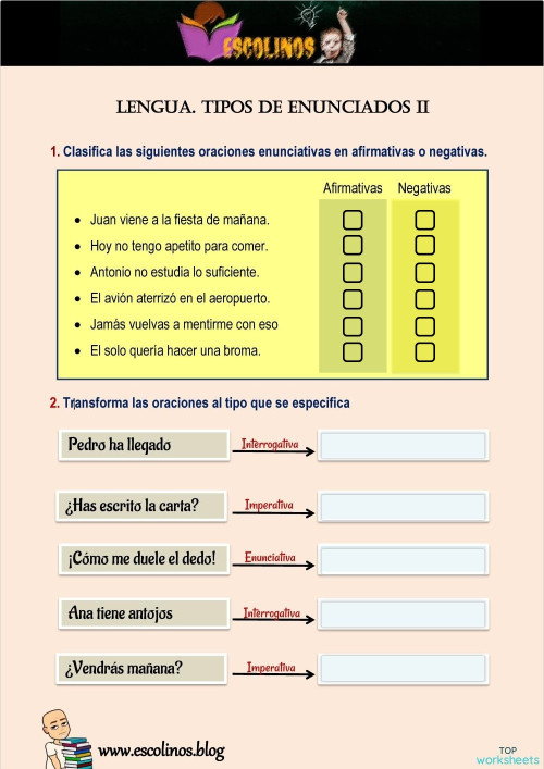 Reconocer los Tipos de Oraciones. Ficha interactiva | TopWorksheets