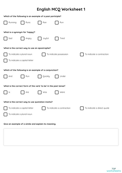 English MCQ Worksheet 1. Interactive worksheet | TopWorksheets